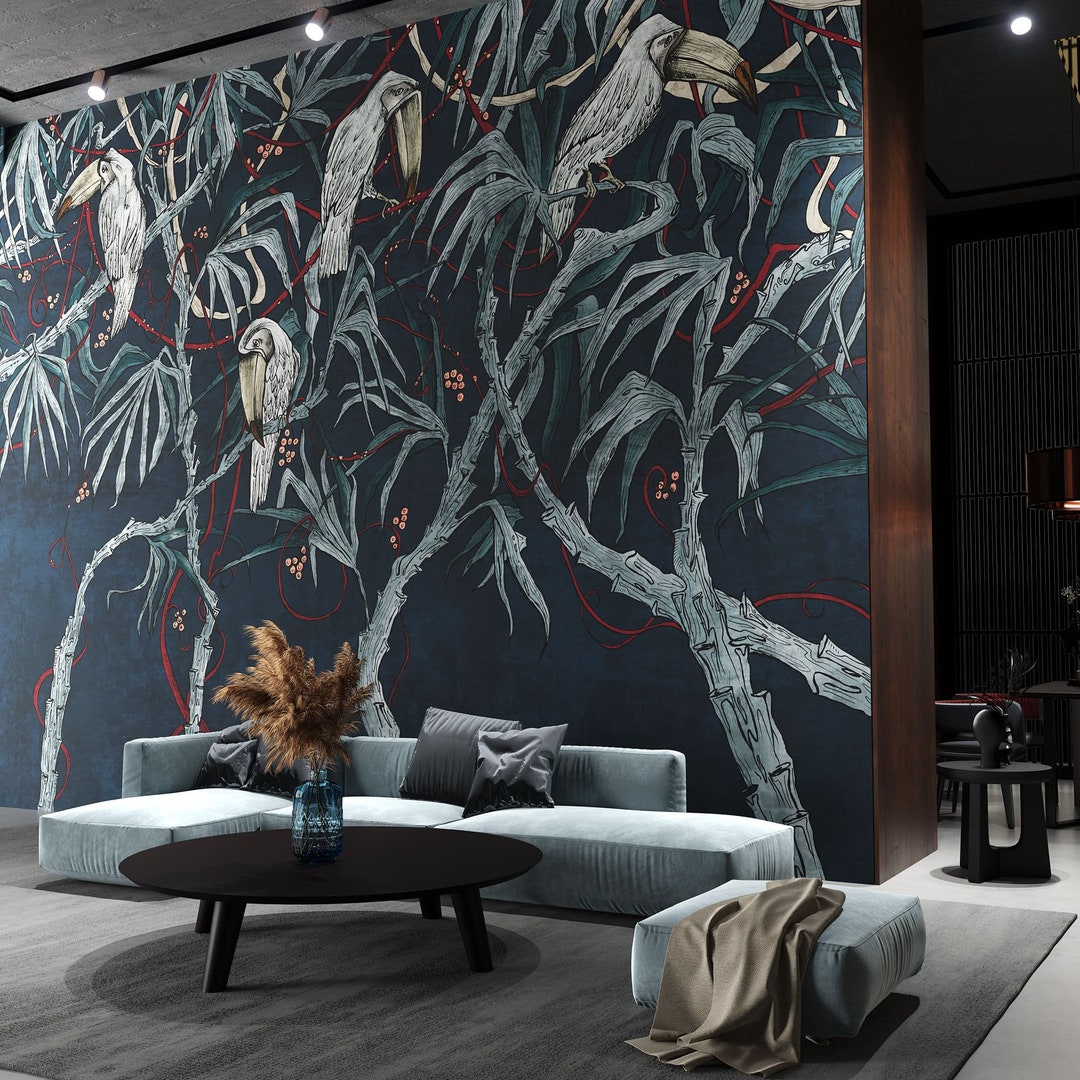 TROPICAL / Jungle Wallpaper, Plants and Birds Pattern, Tropical Wall ...