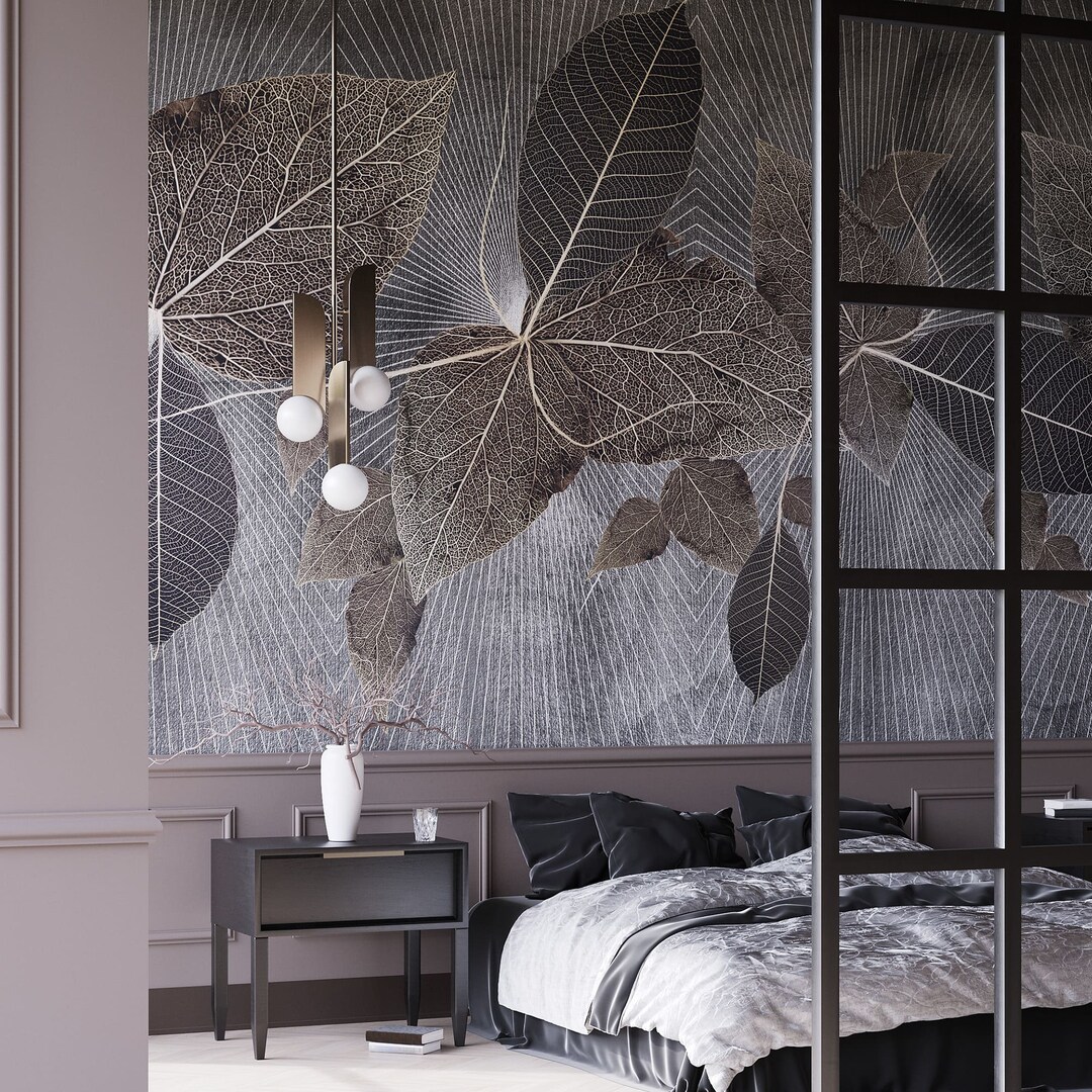 BLARA / Leaves Wallpaper, Floral Pattern With Geometric Lines, Wall ...