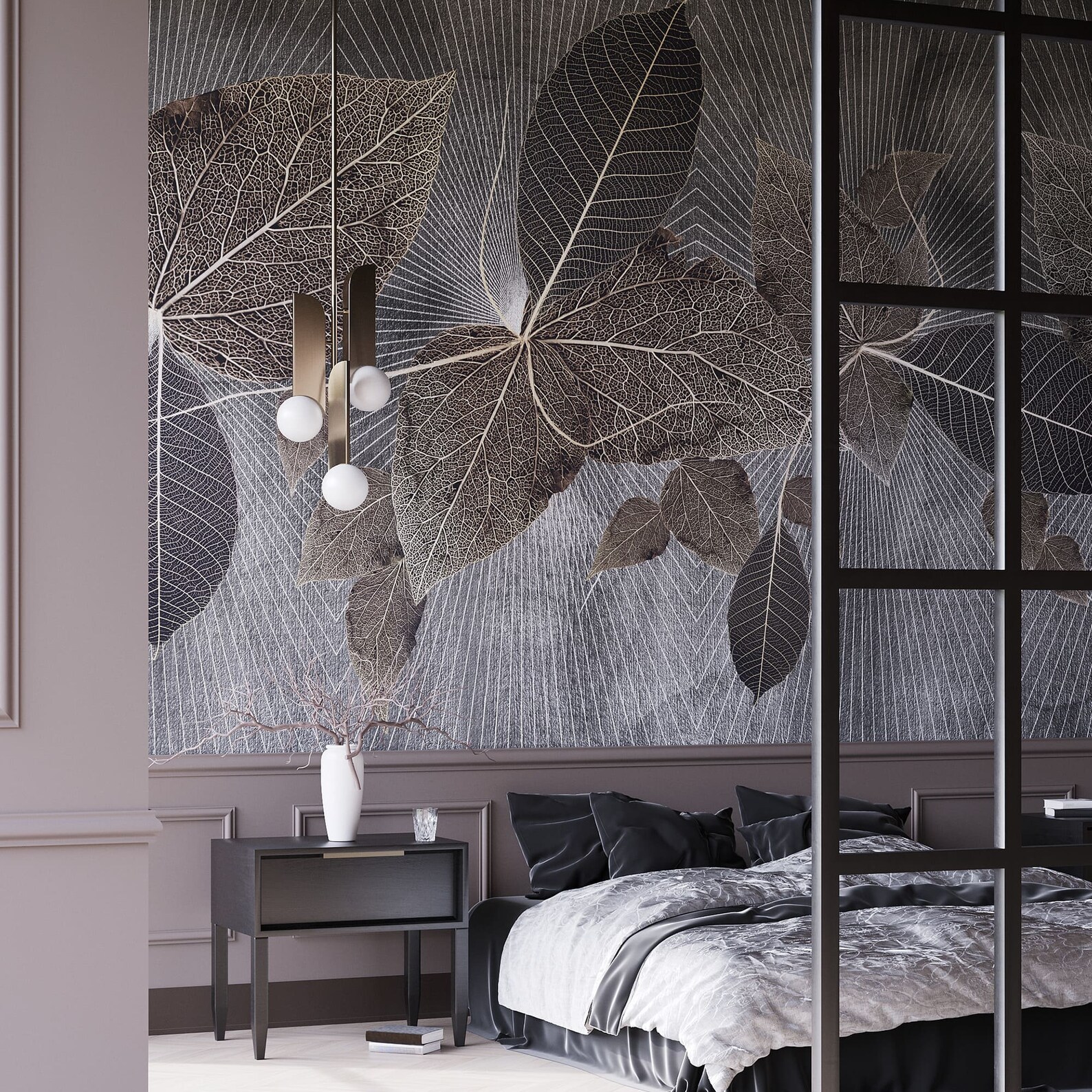 BLARA / Leaves Wallpaper, Floral Pattern With Geometric Lines, Wall ...