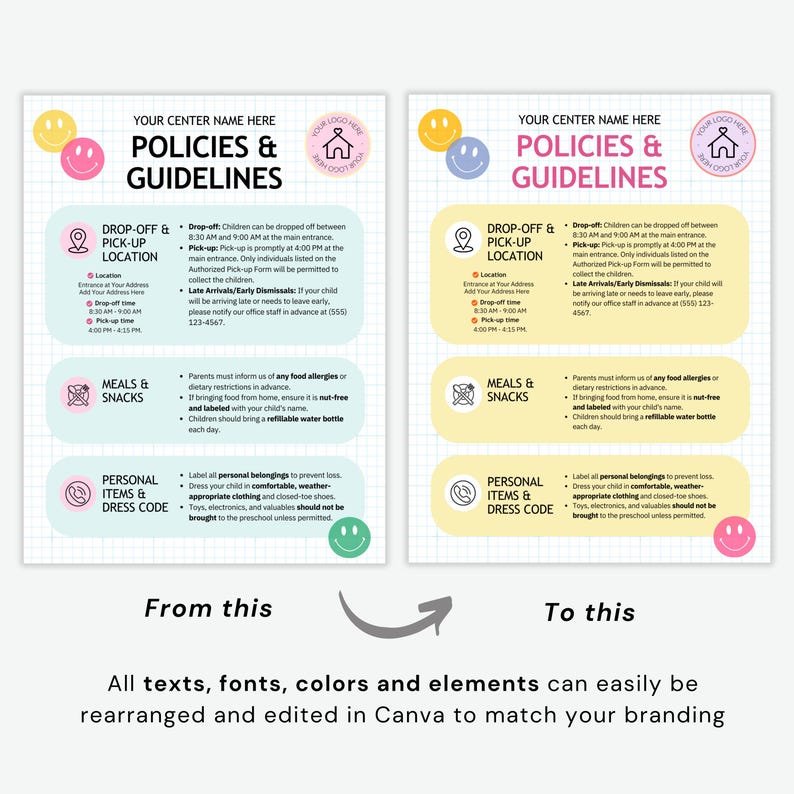 Preschool & Daycare Policies Template Editable Parent Handbook Rules ...