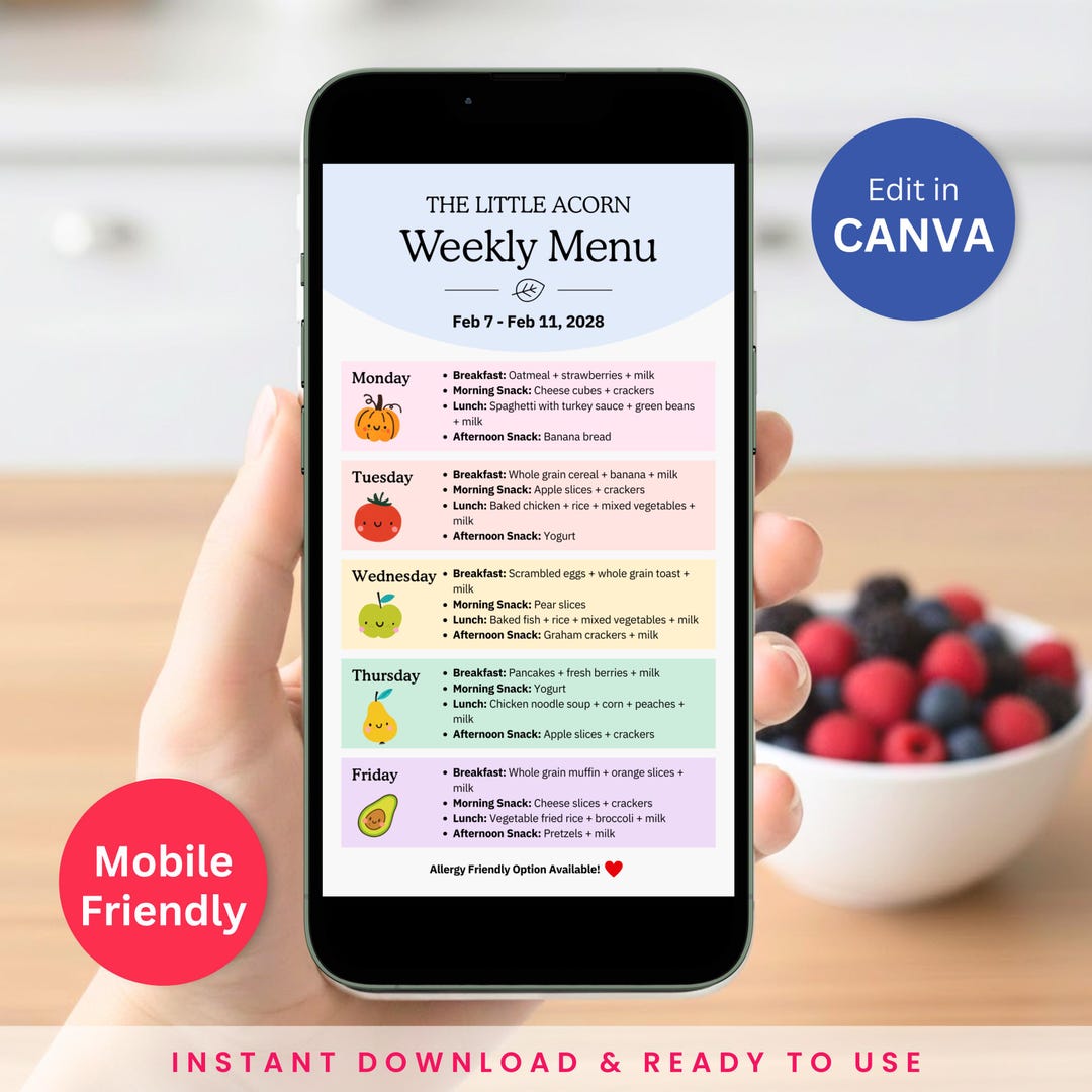 Editable Weekly Menu Template for Preschool & Daycare Lunch Planner ...