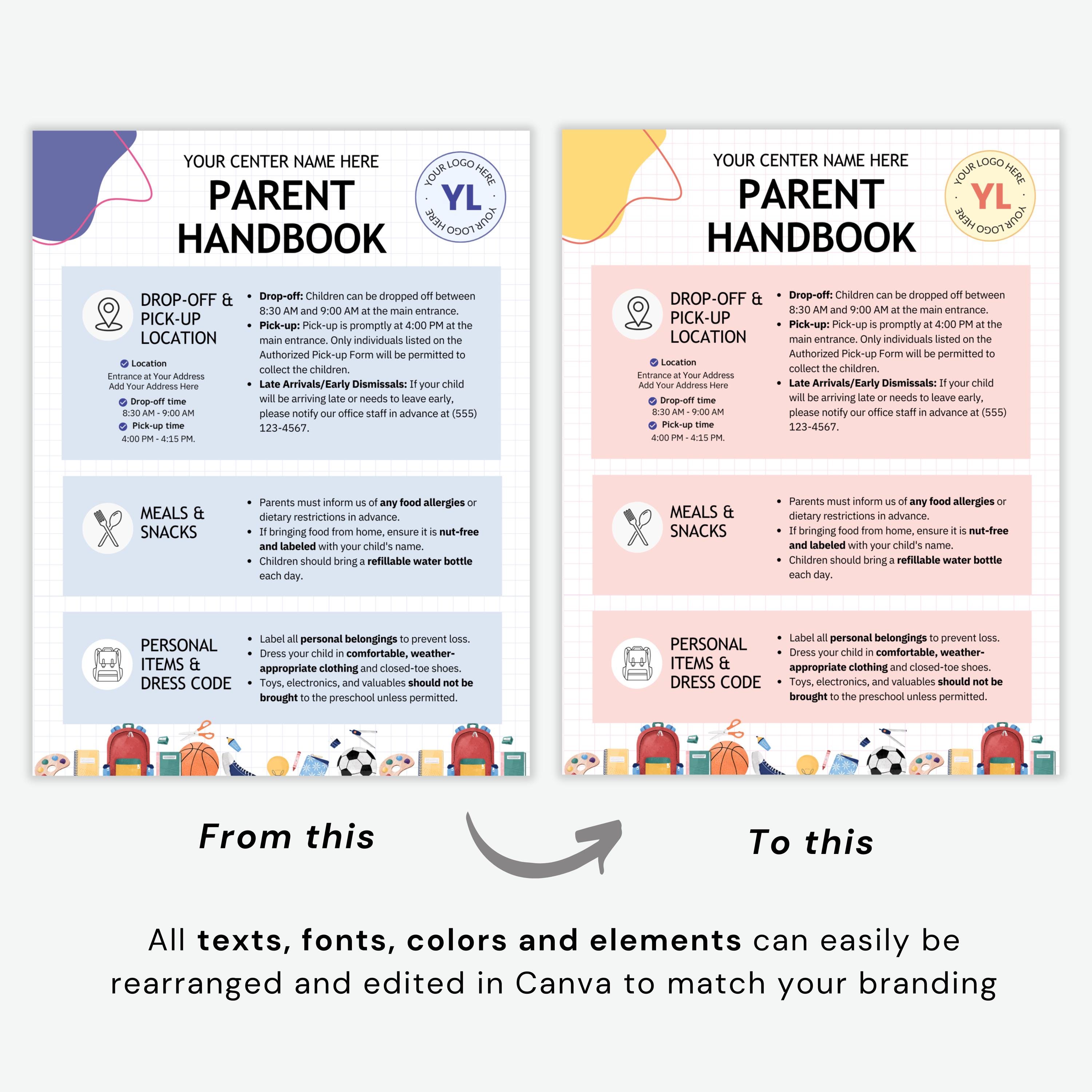 Preschool Parent Handbook Template Editable Daycare Policies Canva ...