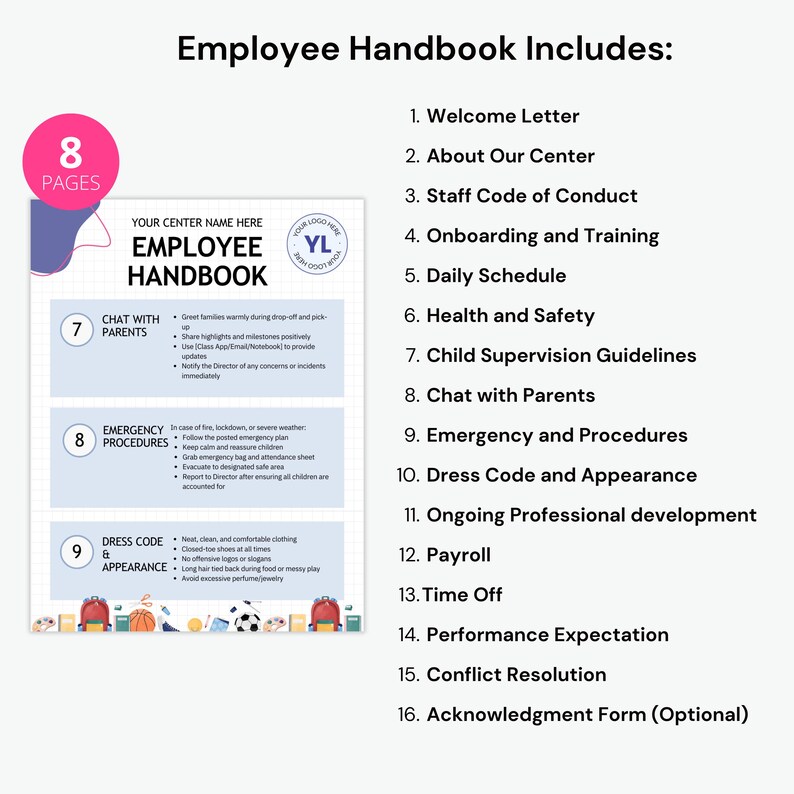 Editable Employee Handbook for Childcare Preschool Daycare Staff ...