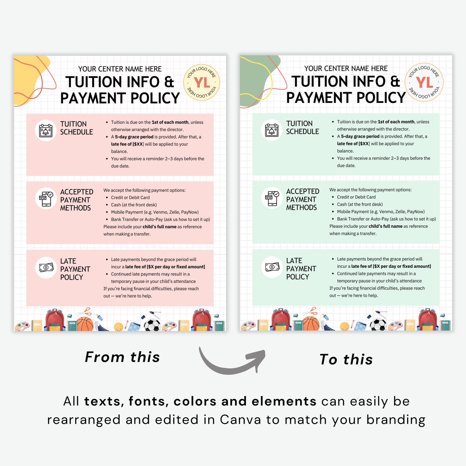 Early Learning Tuition Info & Payment Policy Template Canva Preschool ...