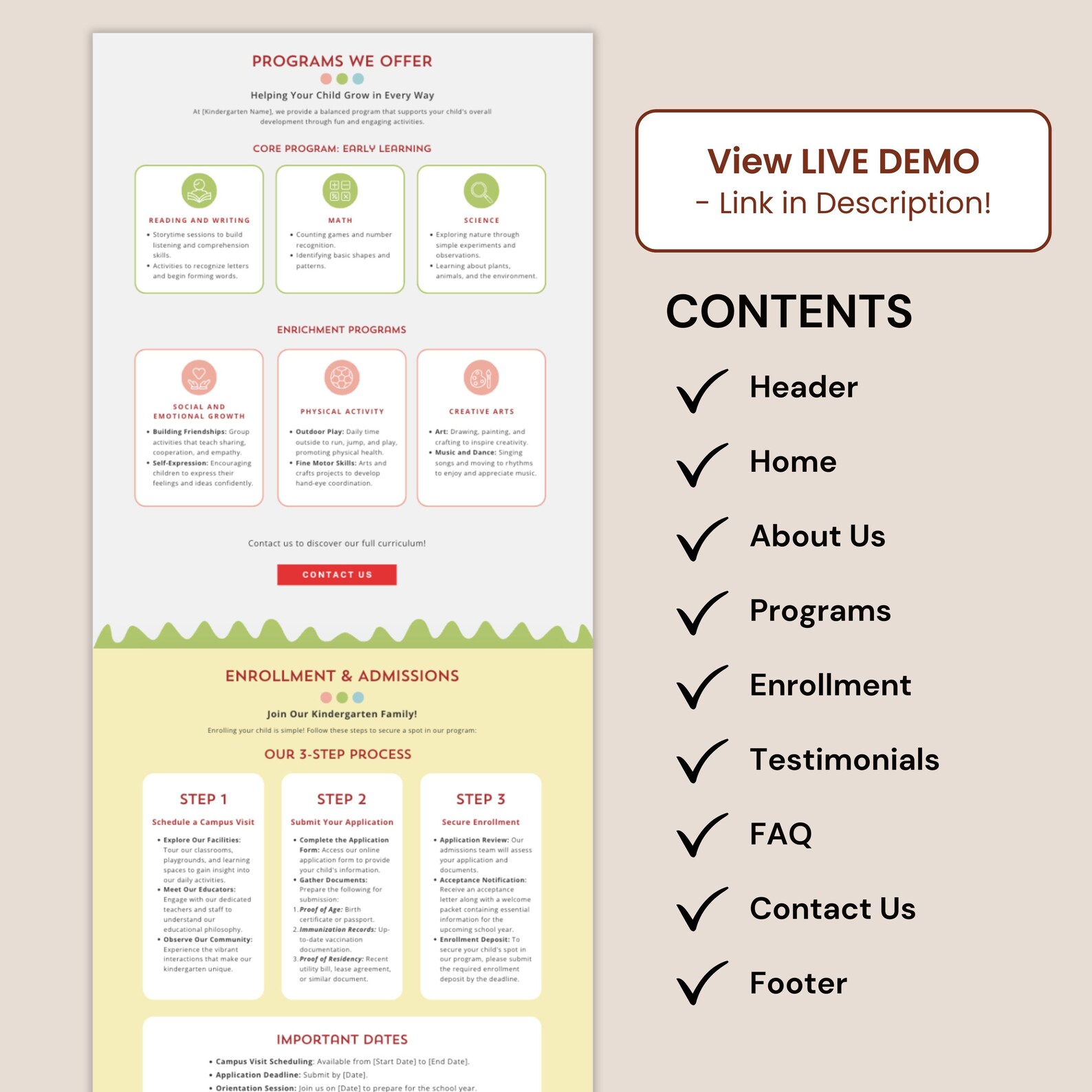 Website Template for Kindergarten Canva Template Website School Tuition ...