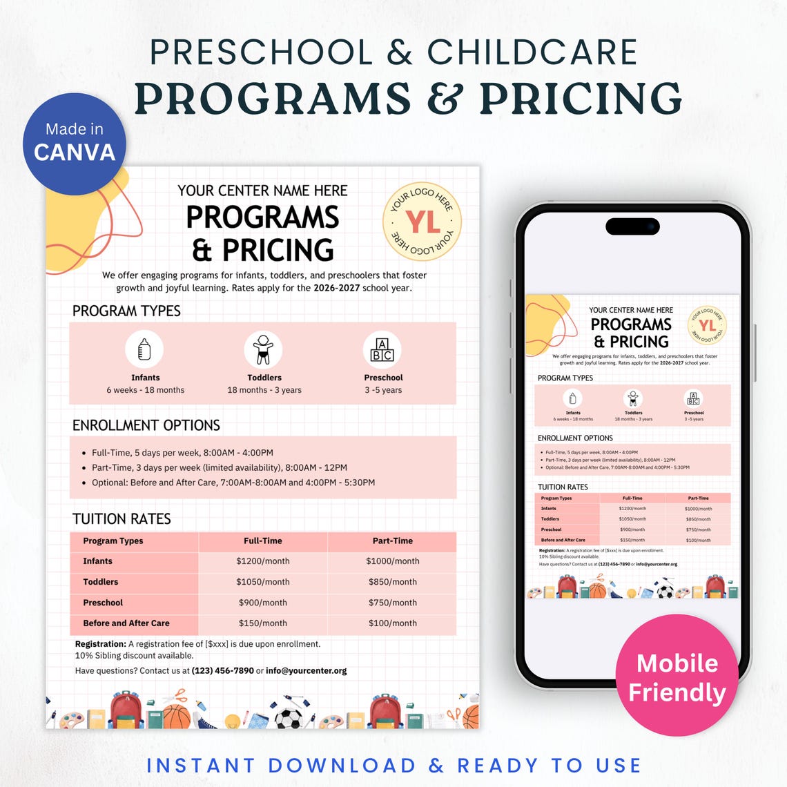Childcare Programs & Pricing Template Canva Editable Daycare Price List ...
