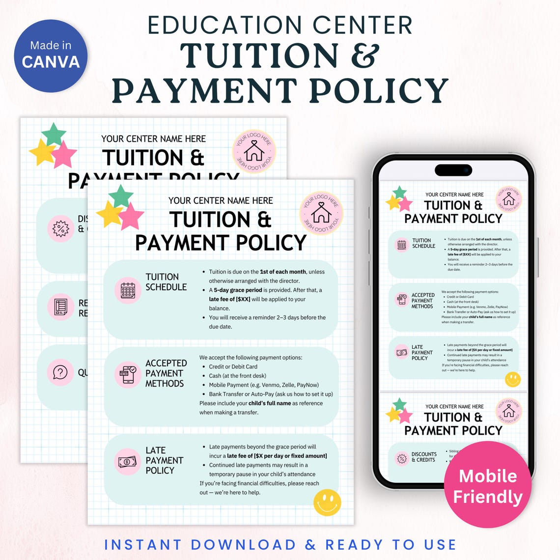 Daycare Tuition & Payment Policy Canva Template Editable Tuition Info ...