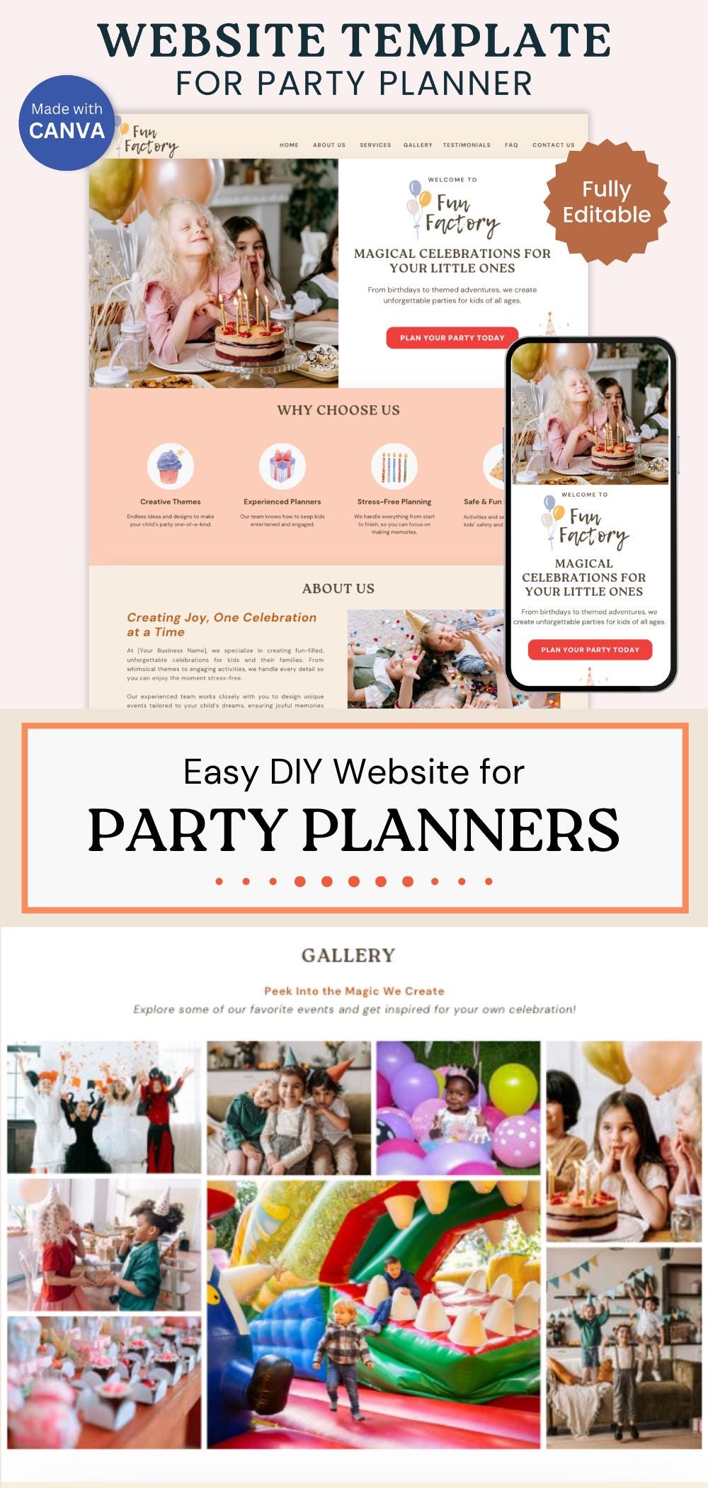 Website Template for Kids Party Planner Canva Website Event Planning ...