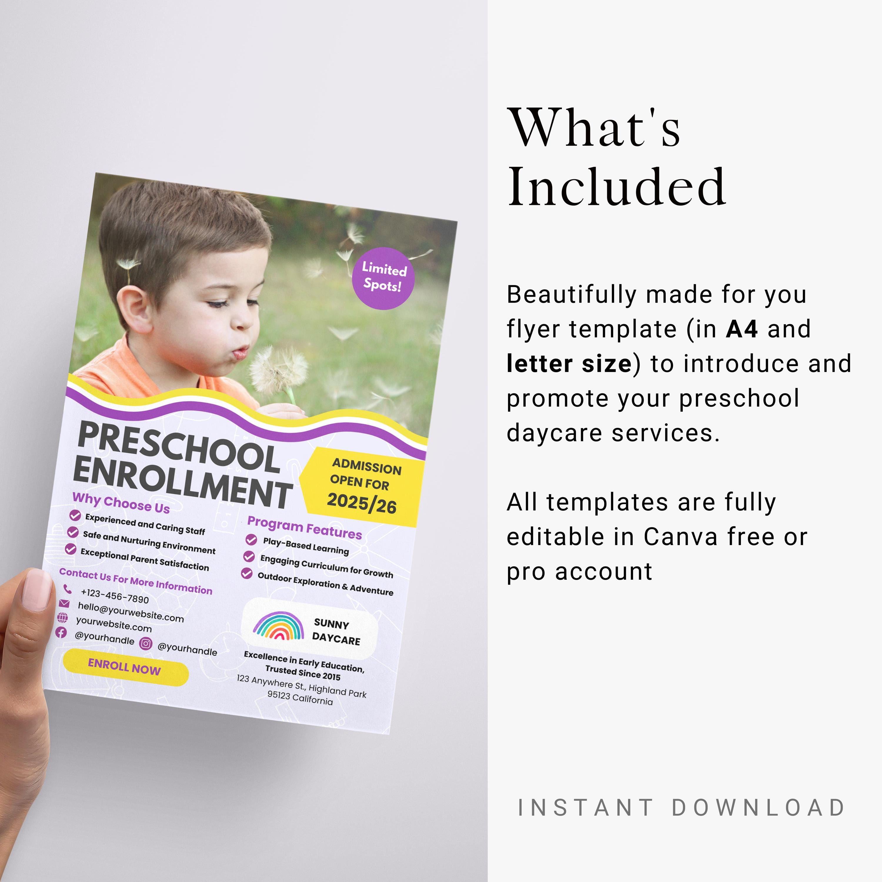 Preschool Flyer Template Daycare Enrollment Flyer Canva Template Pre-k Registration Leaflet ...