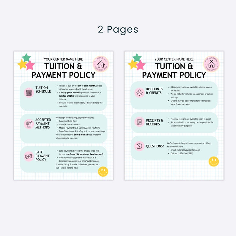 Daycare Tuition & Payment Policy Canva Template Editable Tuition Info ...