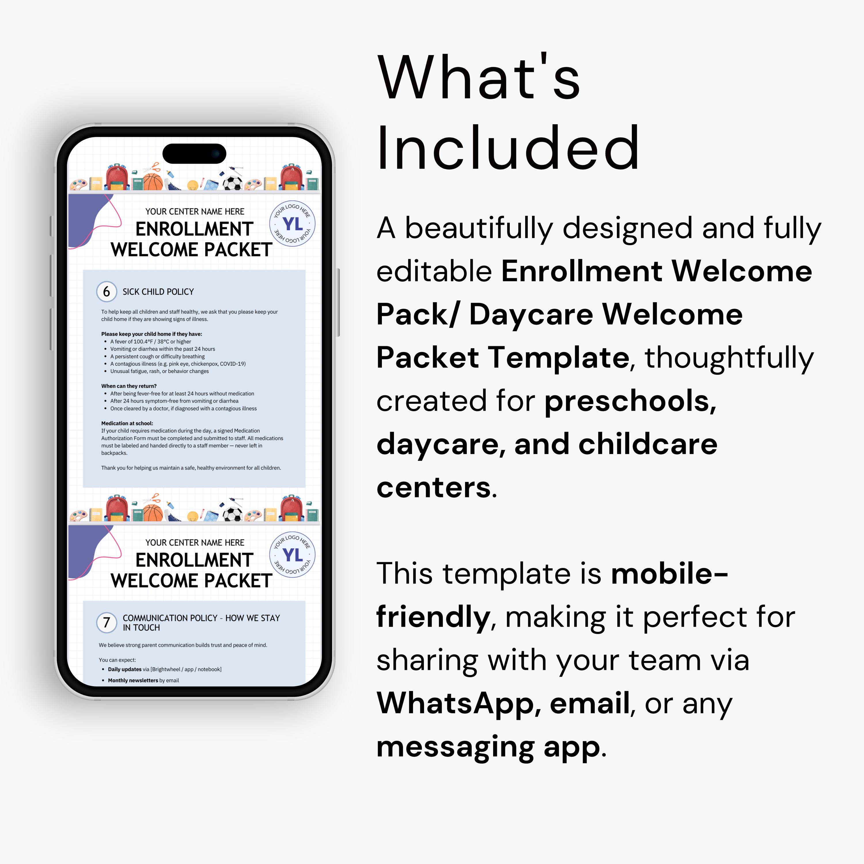 Enrollment Welcome Packet for Daycare Preschool Editable Childcare ...