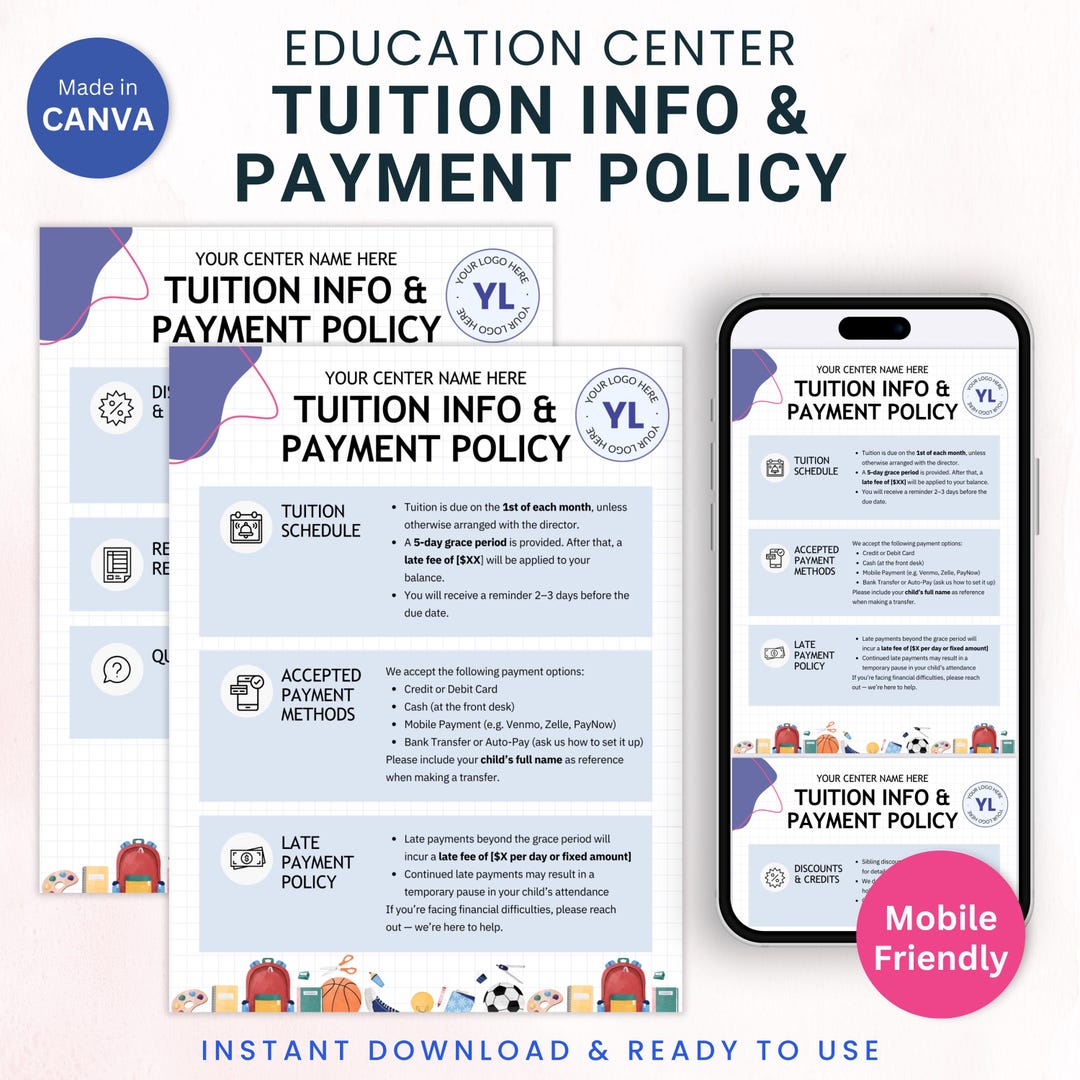 Editable Tuition Policy Canva Template Mobile Friendly Daycare Parent ...