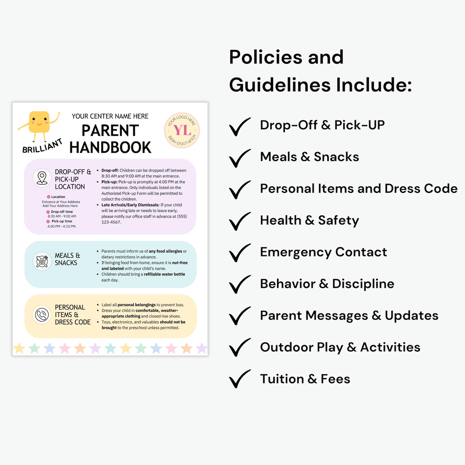 Editable Preschool Parent Handbook Template Daycare Rules Guide ...