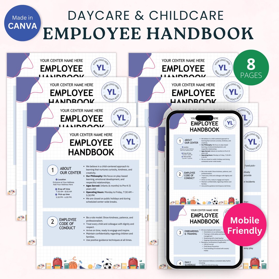Editable Employee Handbook for Childcare Preschool Daycare Staff ...