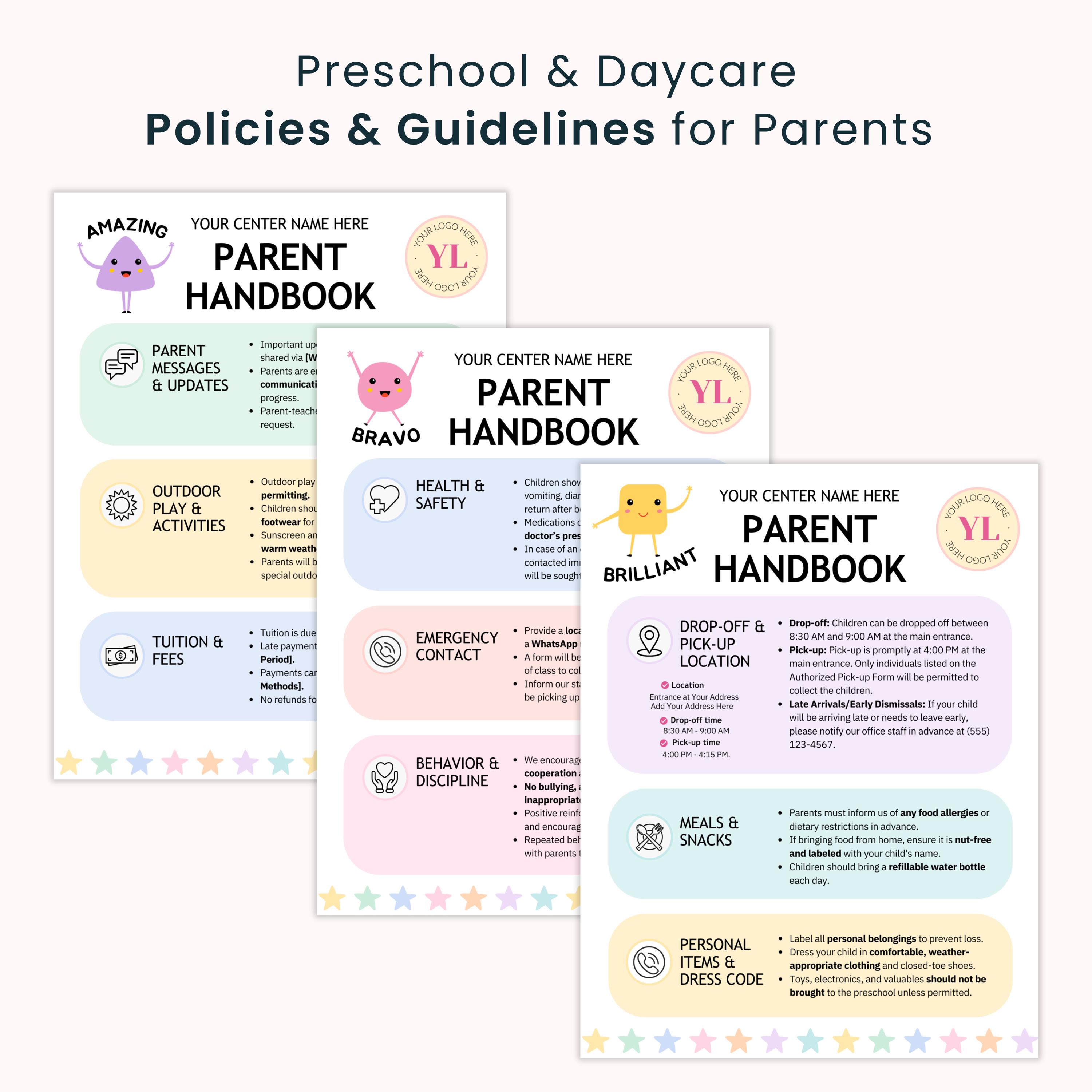 Editable Preschool Parent Handbook Template Daycare Rules Guide ...