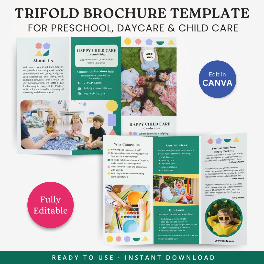 Editable Trifold Brochure Template for Daycare Preschool Leaflet Child ...