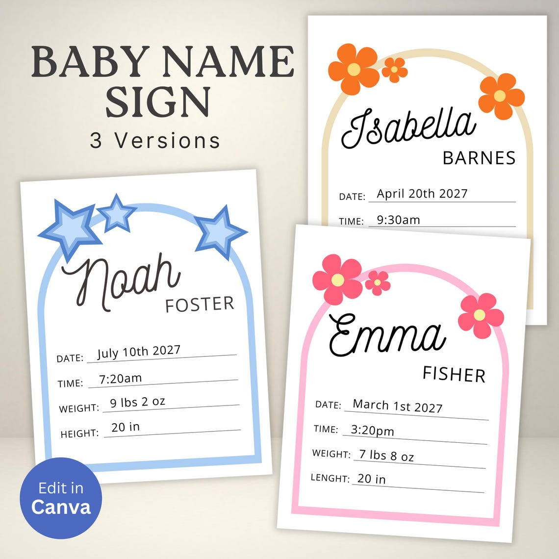 Editable Baby Name Sign Milestone Sign Newborn Announcement Canva ...