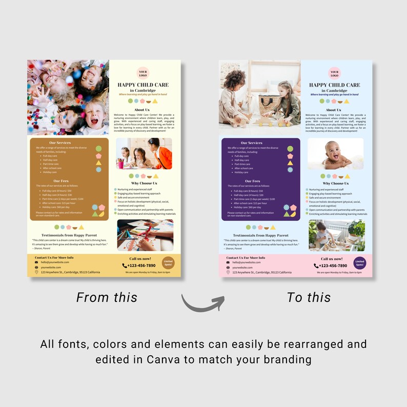 Editable Flyer Template for Daycare Childcare Preschool Leaflet Canva Template School Admission ...