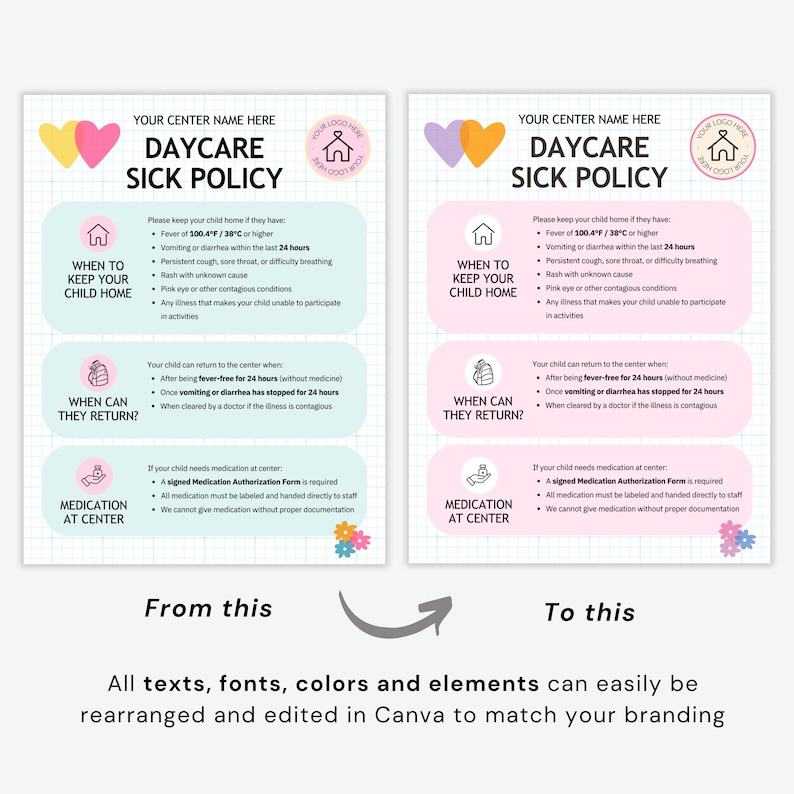 Daycare Sick Policy Canva Template Editable Preschool Parent Handbook ...