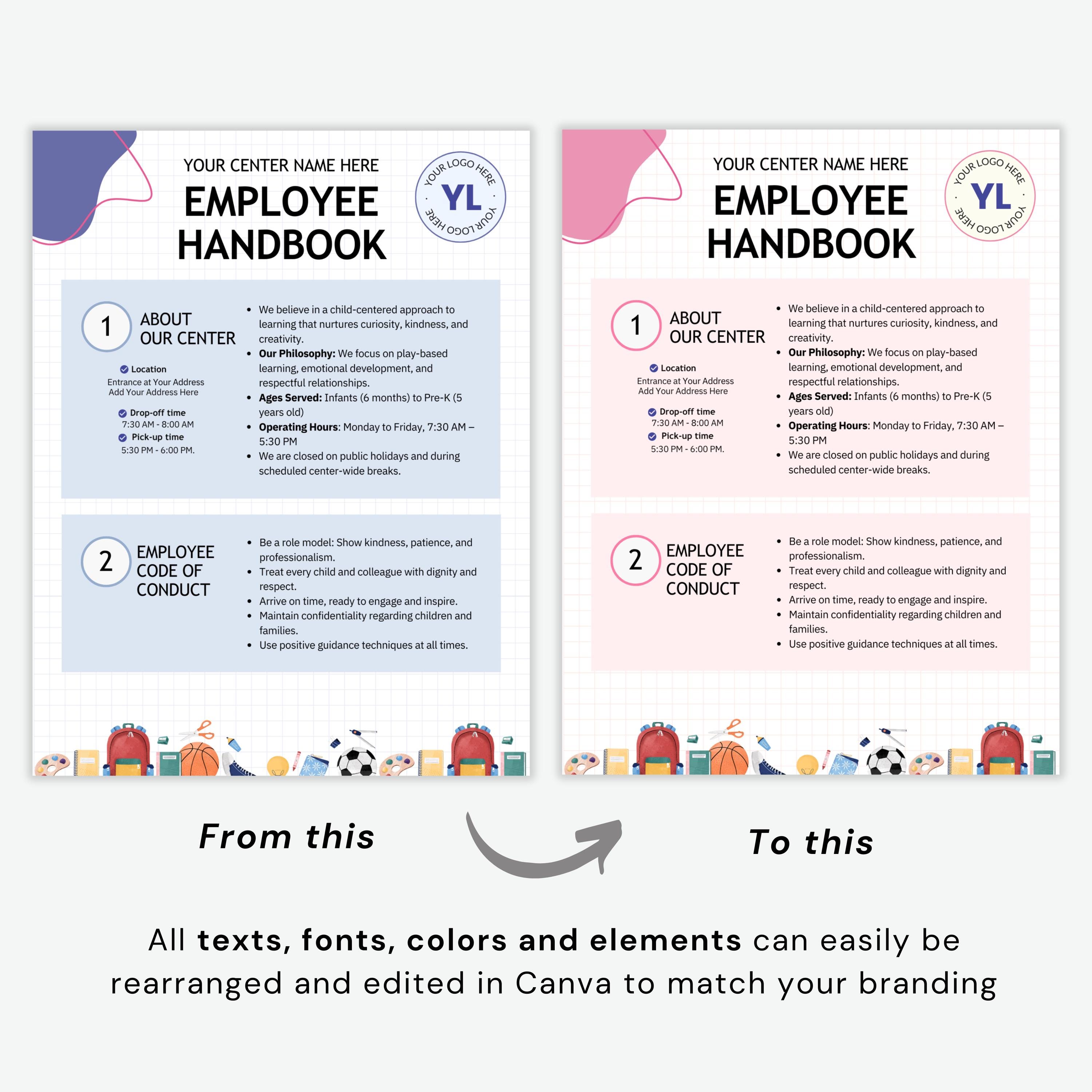 Editable Employee Handbook for Childcare Preschool Daycare Staff ...