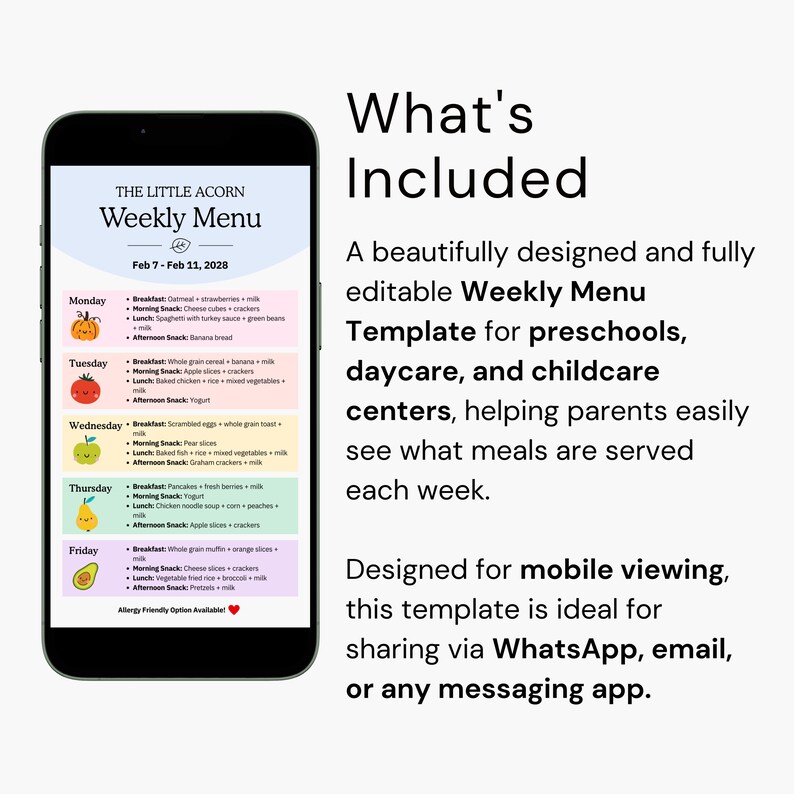 Editable Weekly Menu Template for Preschool & Daycare Lunch Planner ...