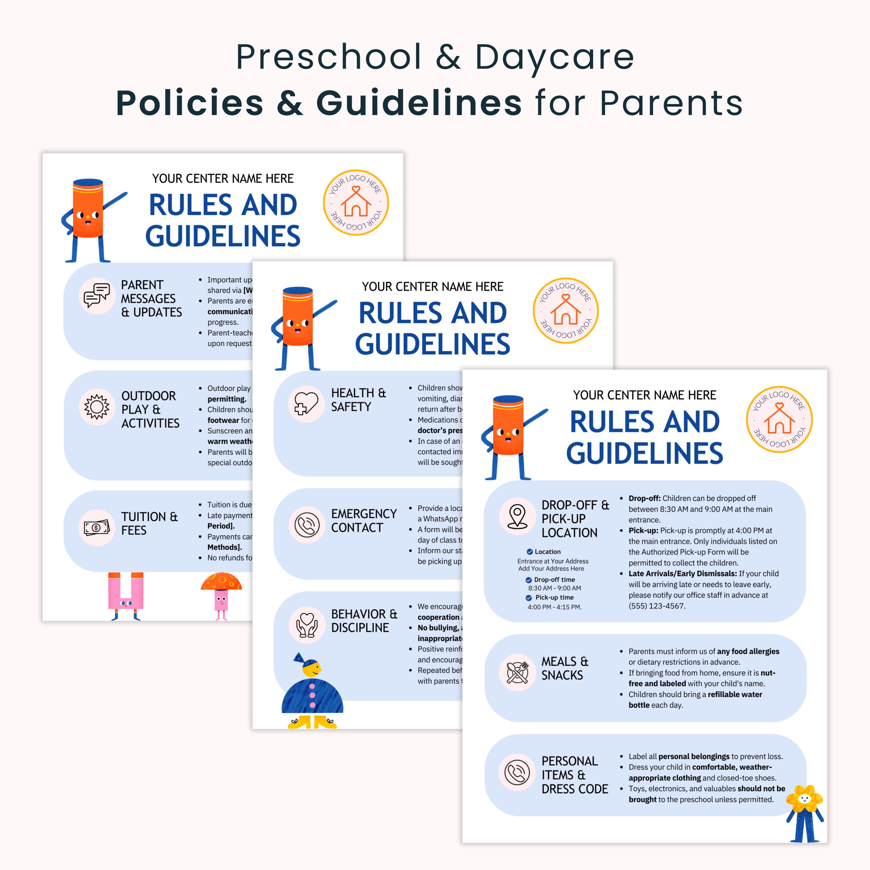 Parent Guidelines Template Editable Preschool & Daycare Handbook ...