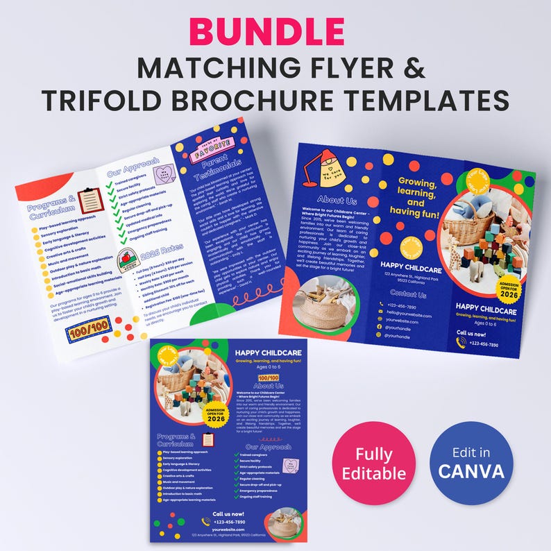BUNDLE Flyer & Trifold Brochure Template Canva for Preschool Daycare ...