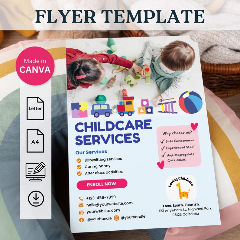 Childcare Flyer Daycare Flyer Canva Template Babysitting Leaflet Child ...