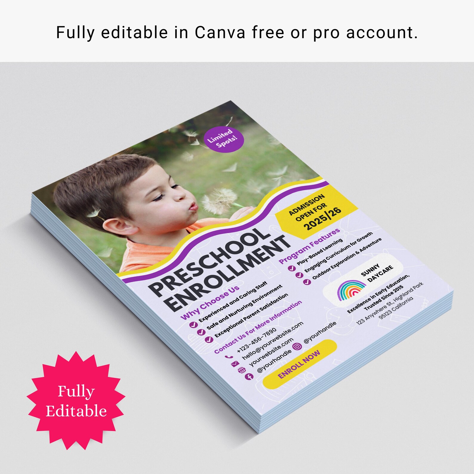 Preschool Flyer Template Daycare Enrollment Flyer Canva Template Pre-k Registration Leaflet ...