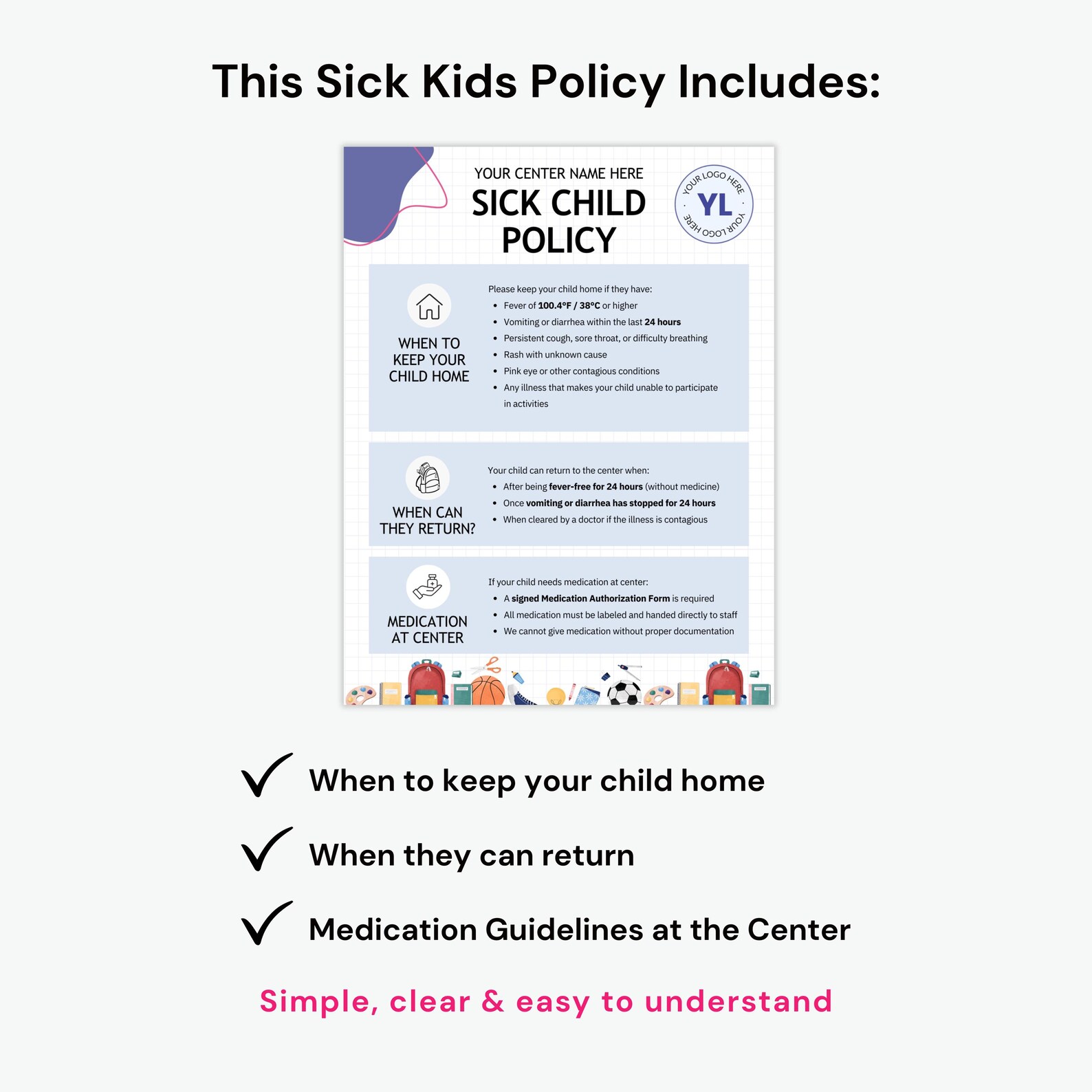 Editable Sick Child Policy Template Canva Preschool Illness Guidelines ...