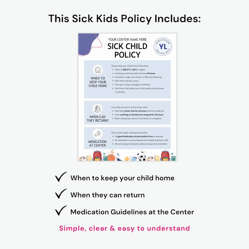 Editable Sick Child Policy Template Canva Preschool Illness Guidelines ...