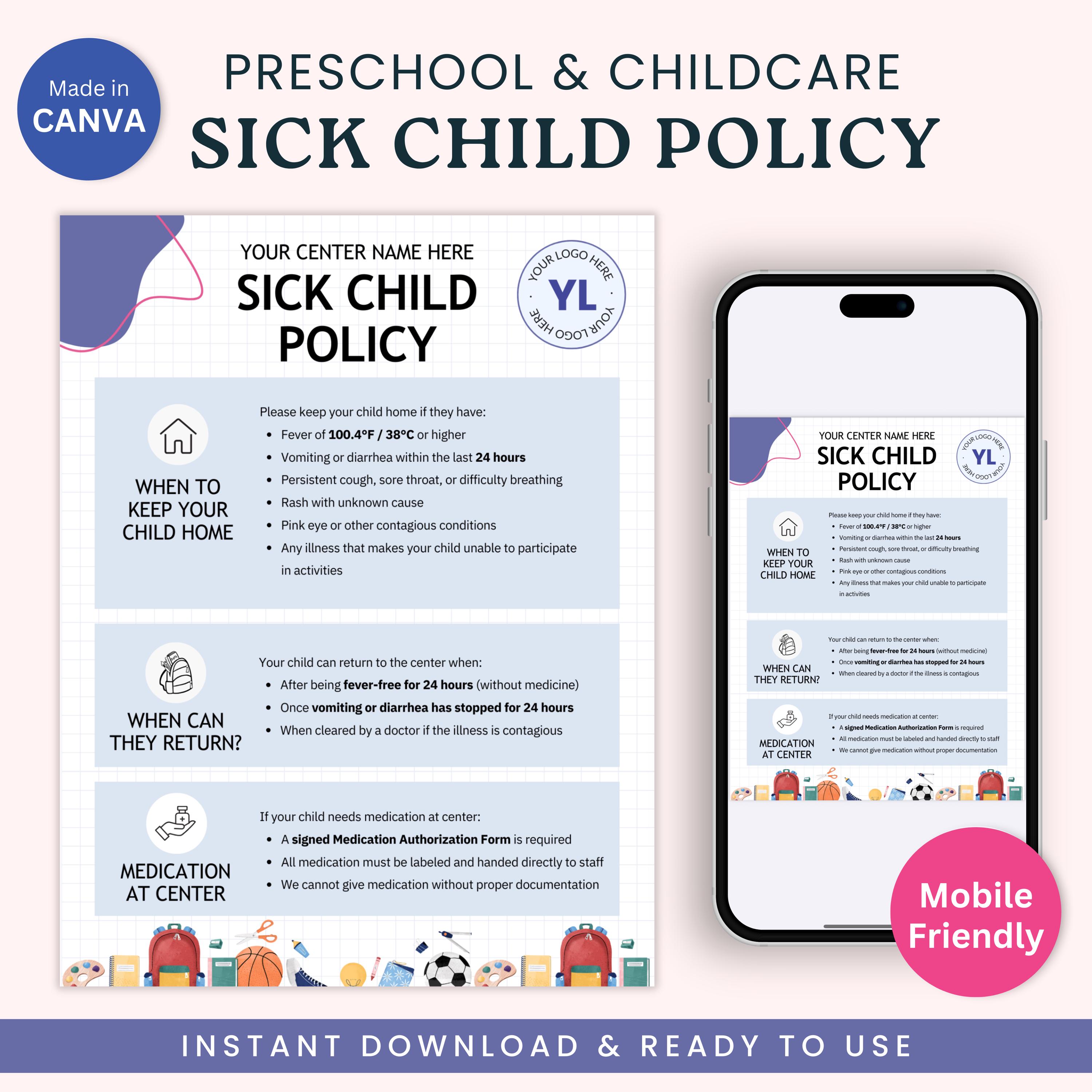 Editable Sick Child Policy Template Canva Preschool Illness Guidelines ...