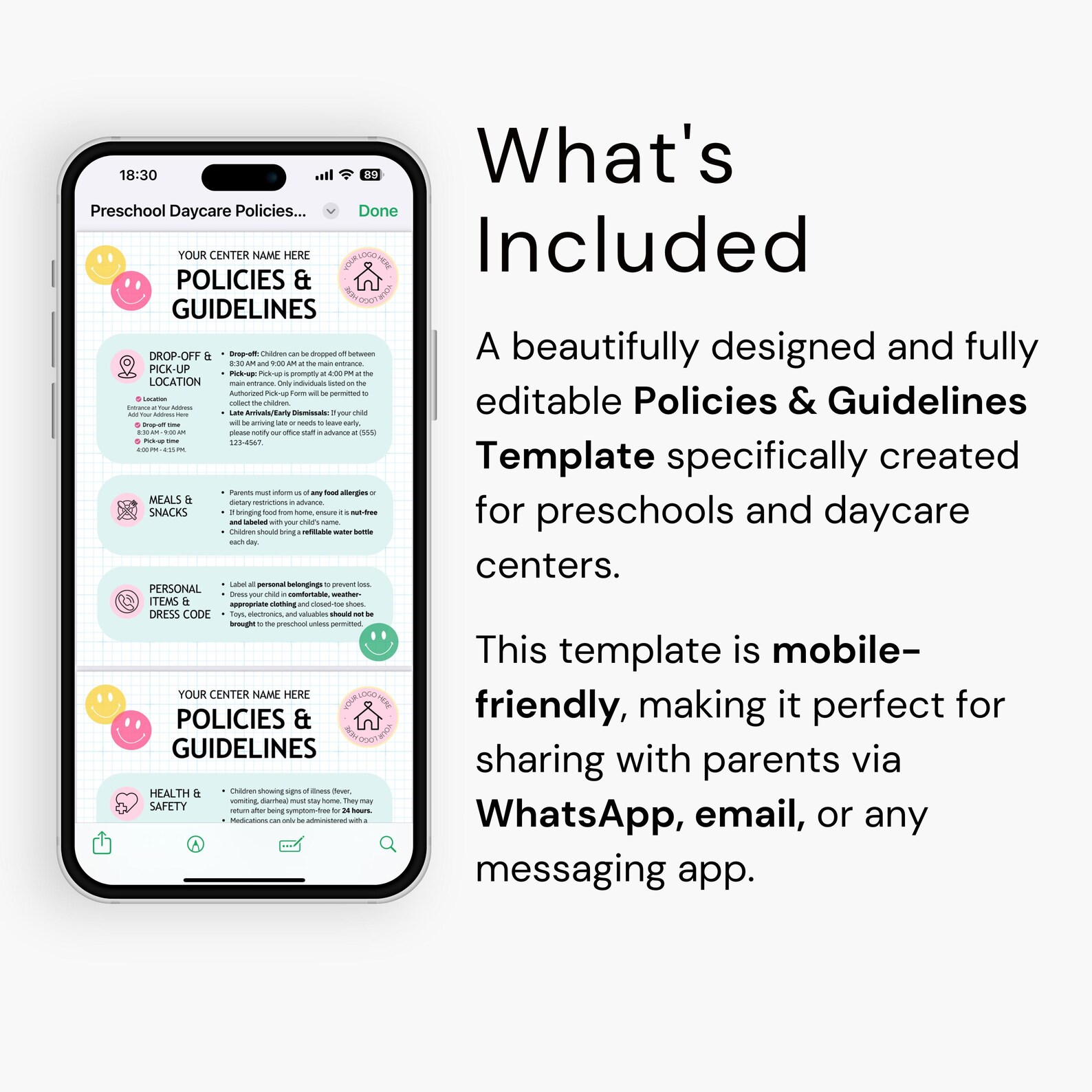 Preschool & Daycare Policies Template Editable Parent Handbook Rules ...