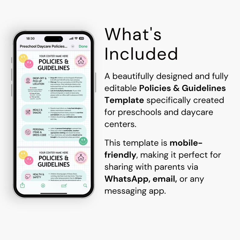 Preschool & Daycare Policies Template Editable Parent Handbook Rules ...