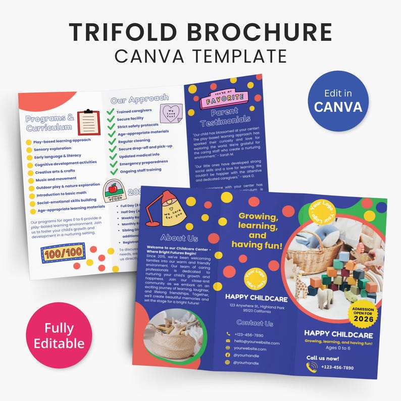 Editable Trifold Brochure for Childcare Center Canva Template Preschool ...