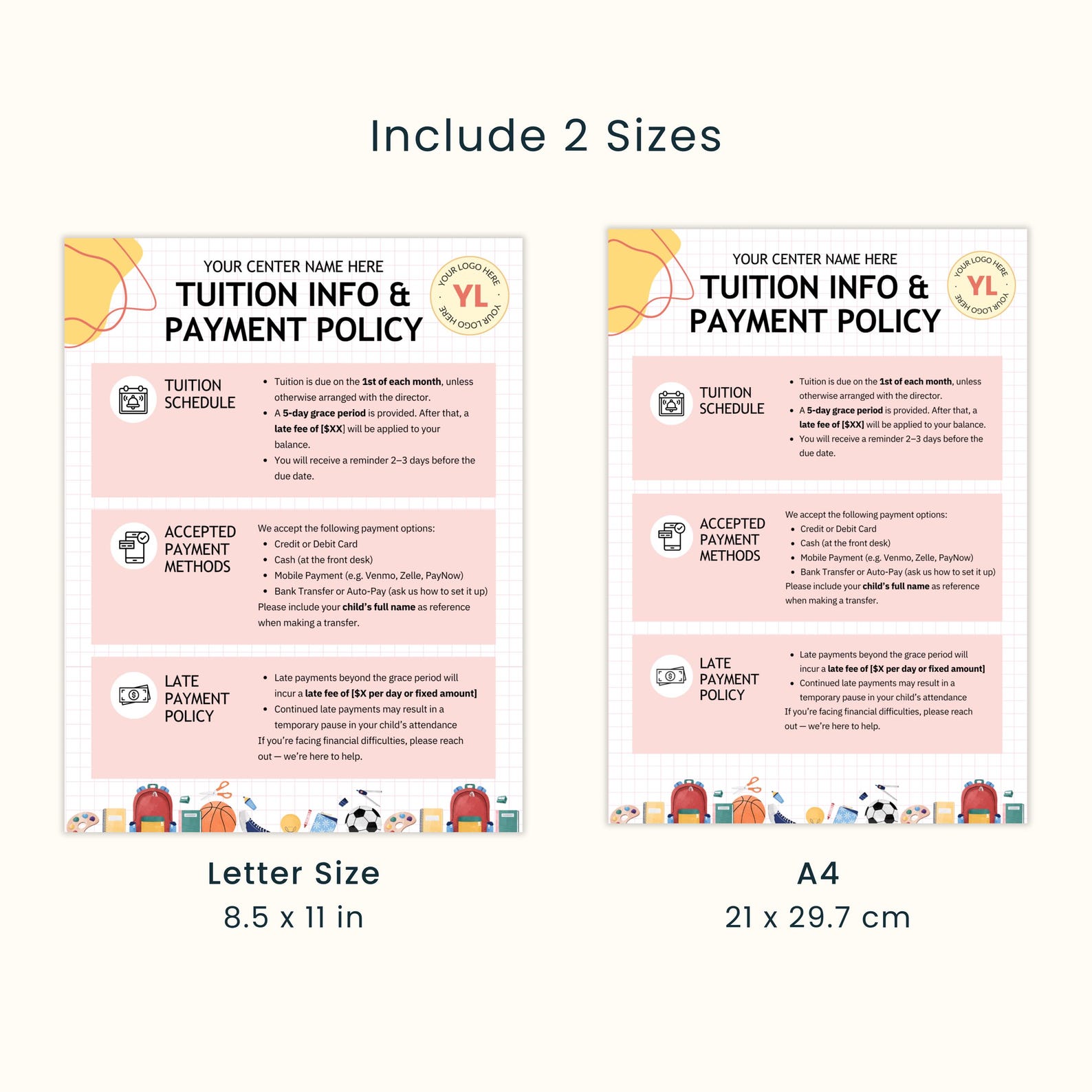 Early Learning Tuition Info & Payment Policy Template Canva Preschool ...