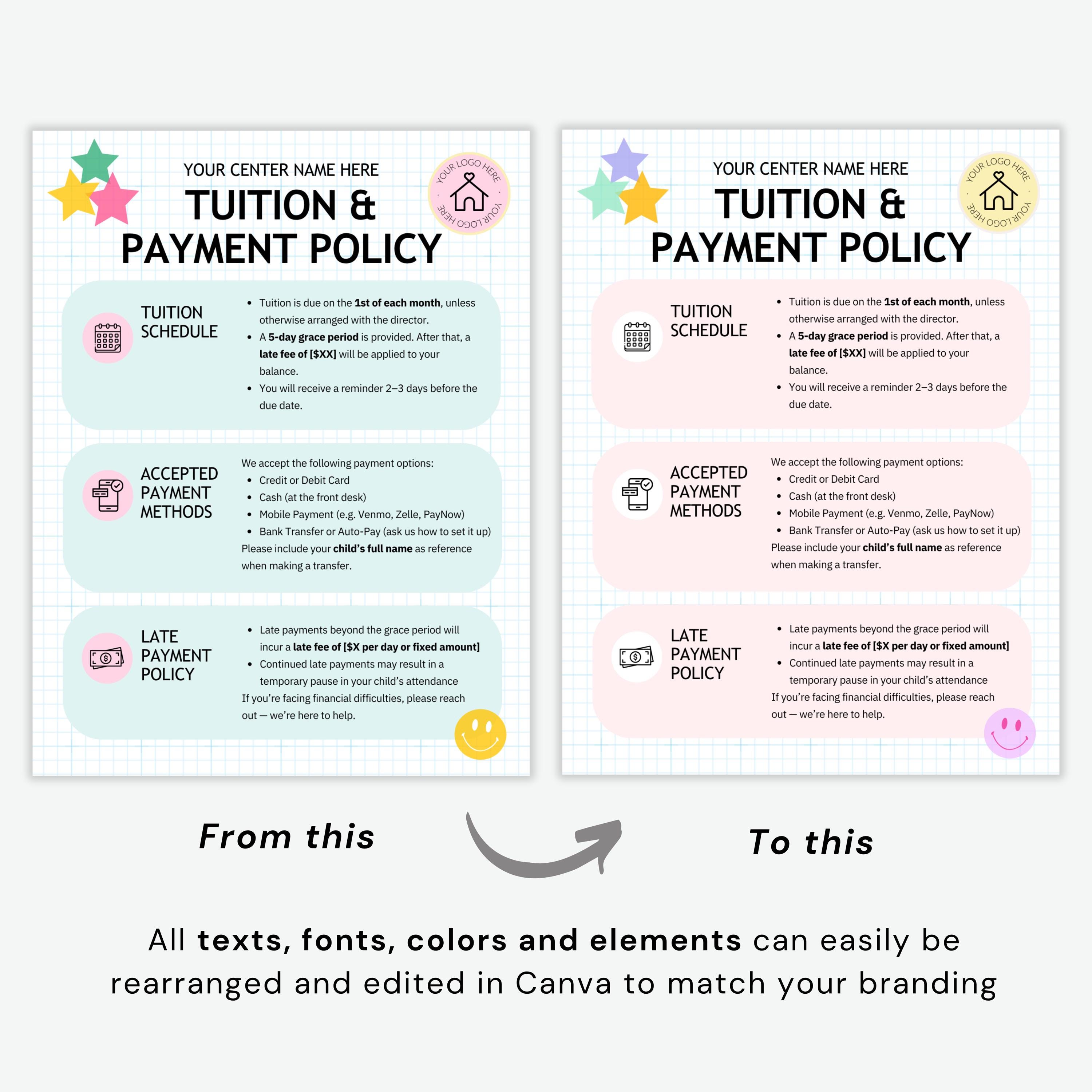 Daycare Tuition & Payment Policy Canva Template Editable Tuition Info ...