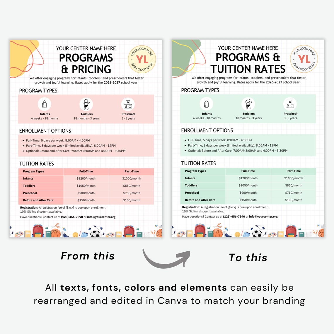 Childcare Programs & Pricing Template Canva Editable Daycare Price List ...