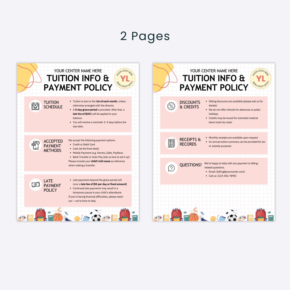 Early Learning Tuition Info & Payment Policy Template Canva Preschool ...