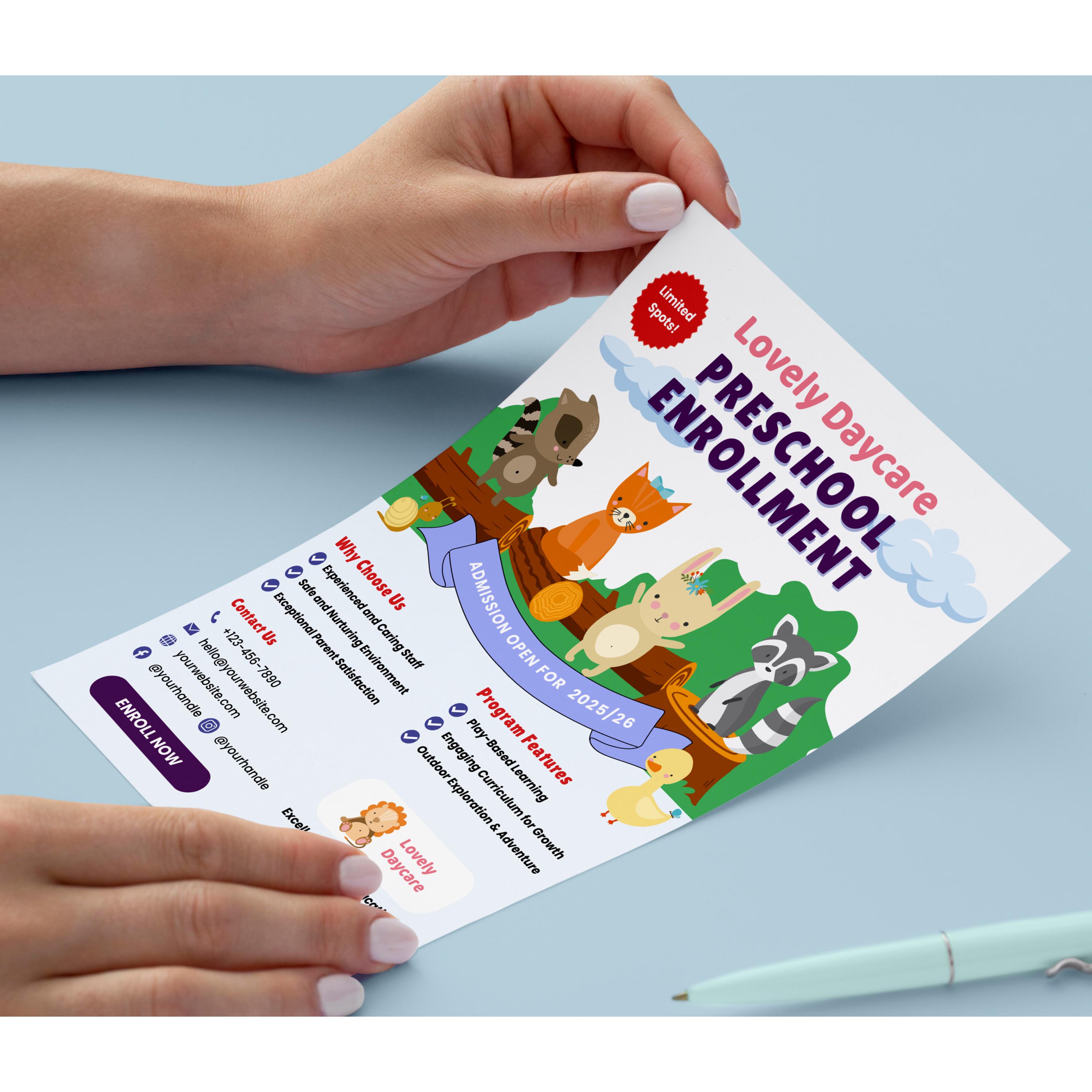 Preschool Flyer Template Canva School Enrollment Flyer Daycare Pre-k Promotion Leaflet Child ...