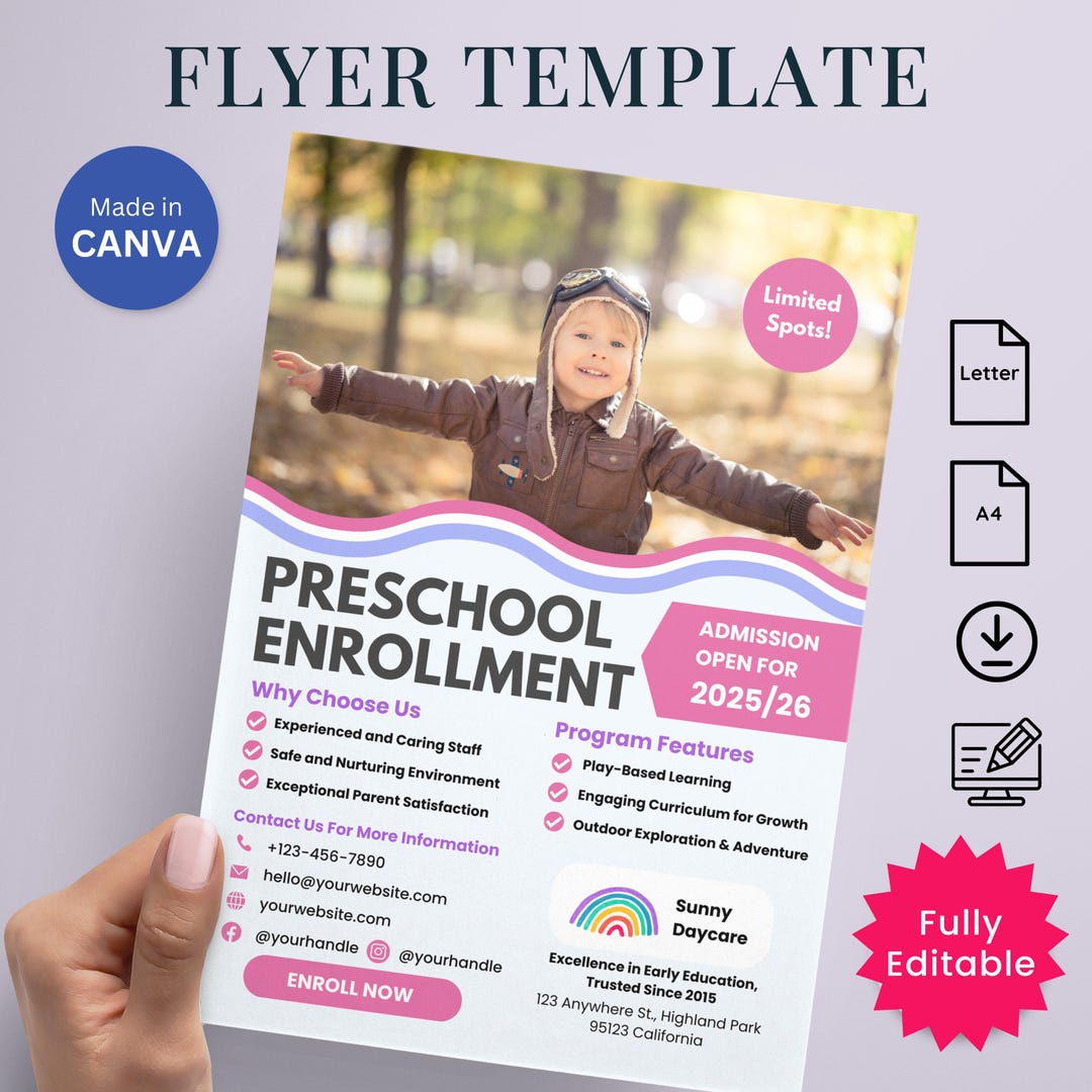 Preschool Flyer Template Daycare Admission Canva Template Editable Leaflet Childcare Early ...
