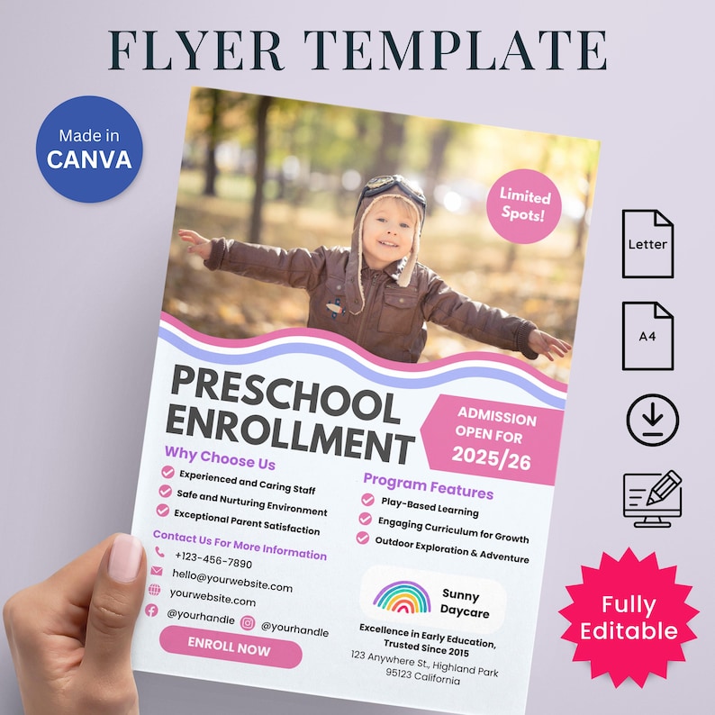 Preschool Flyer Template Daycare Admission Canva Template Editable ...