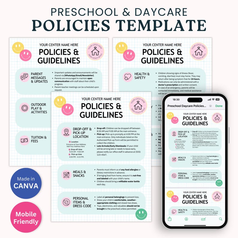 Preschool & Daycare Policies Template Editable Parent Handbook Rules and Guidelines PDF Mobile ...