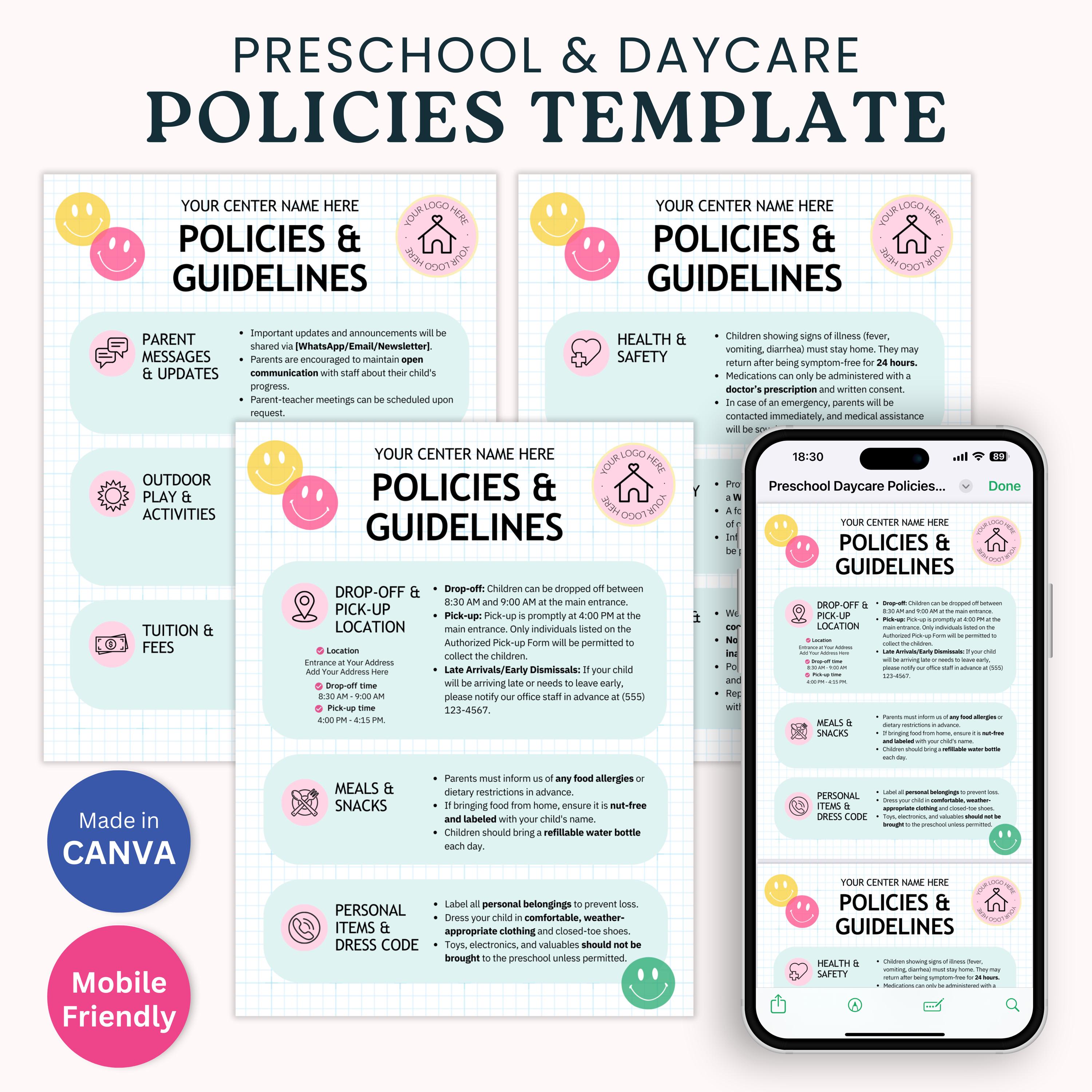 Preschool & Daycare Policies Template Editable Parent Handbook Rules and Guidelines PDF Mobile ...