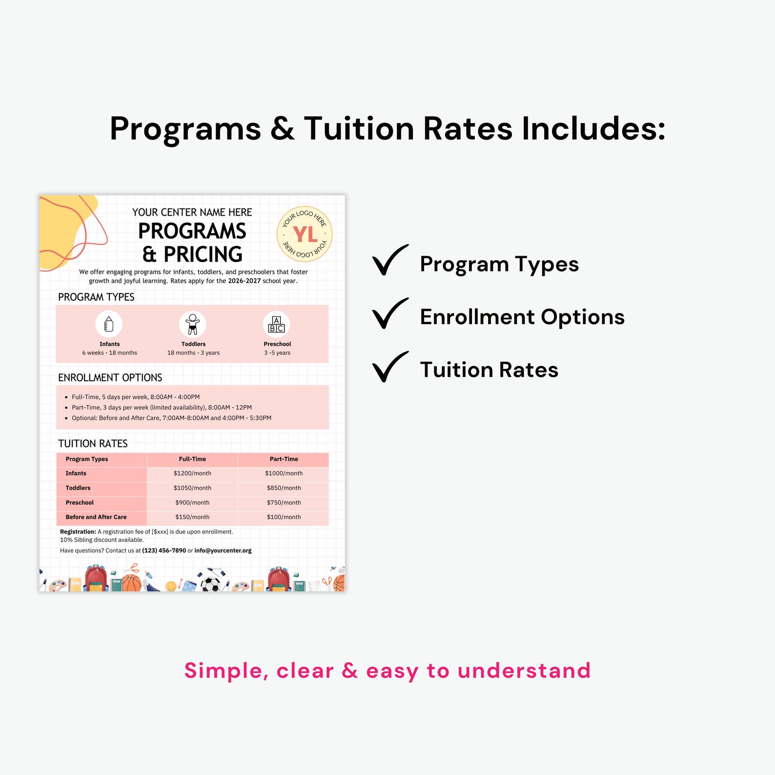 Childcare Programs & Pricing Template Canva Editable Daycare Price List ...