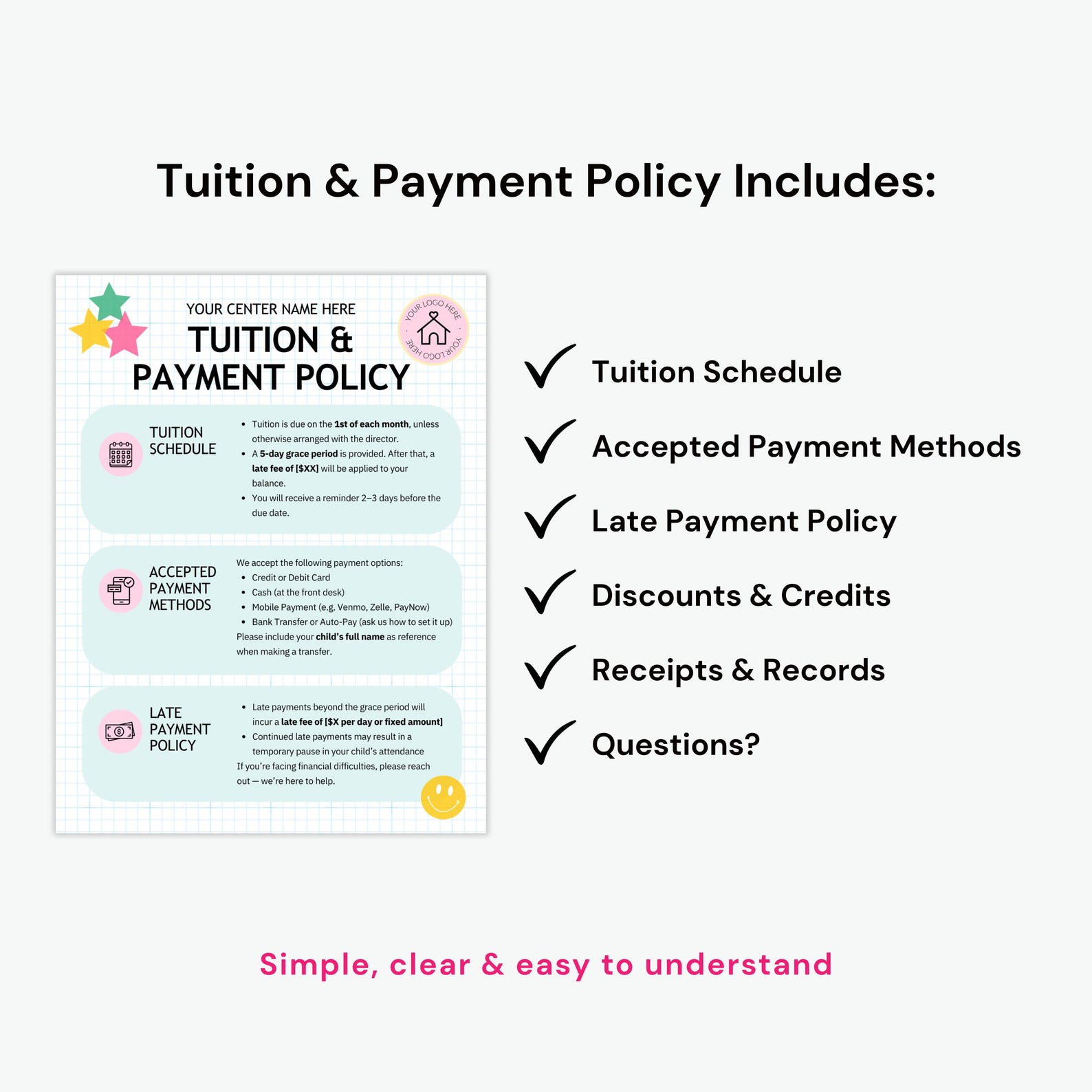 Daycare Tuition & Payment Policy Canva Template Editable Tuition Info ...
