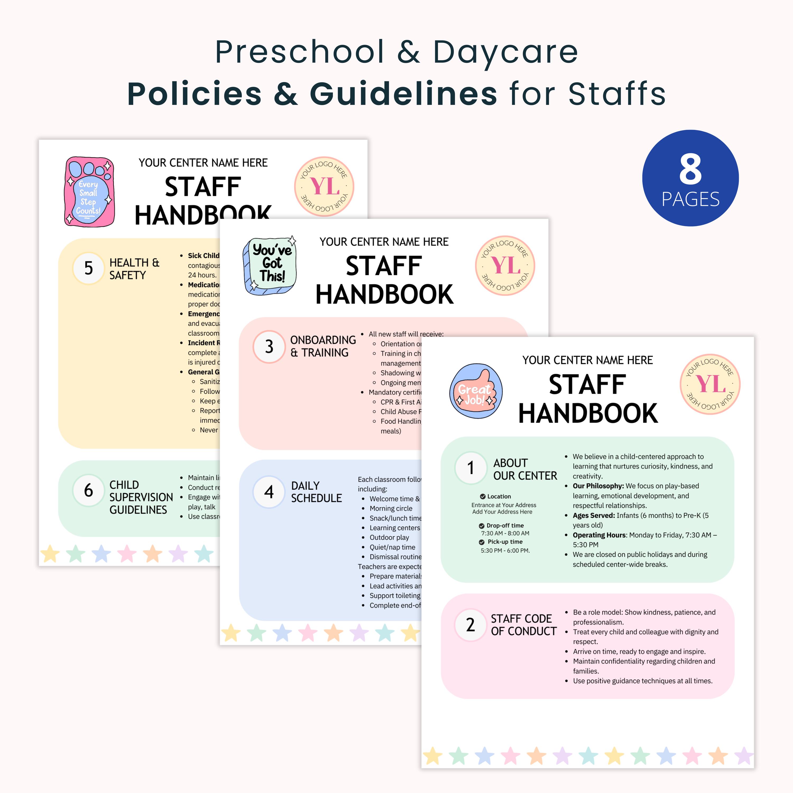 Editable Childcare Staff Handbook Template Preschool Daycare Employee ...