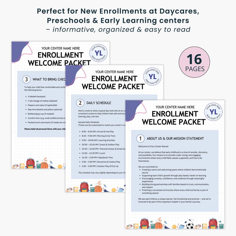 Enrollment Welcome Packet for Daycare Preschool Editable Childcare ...