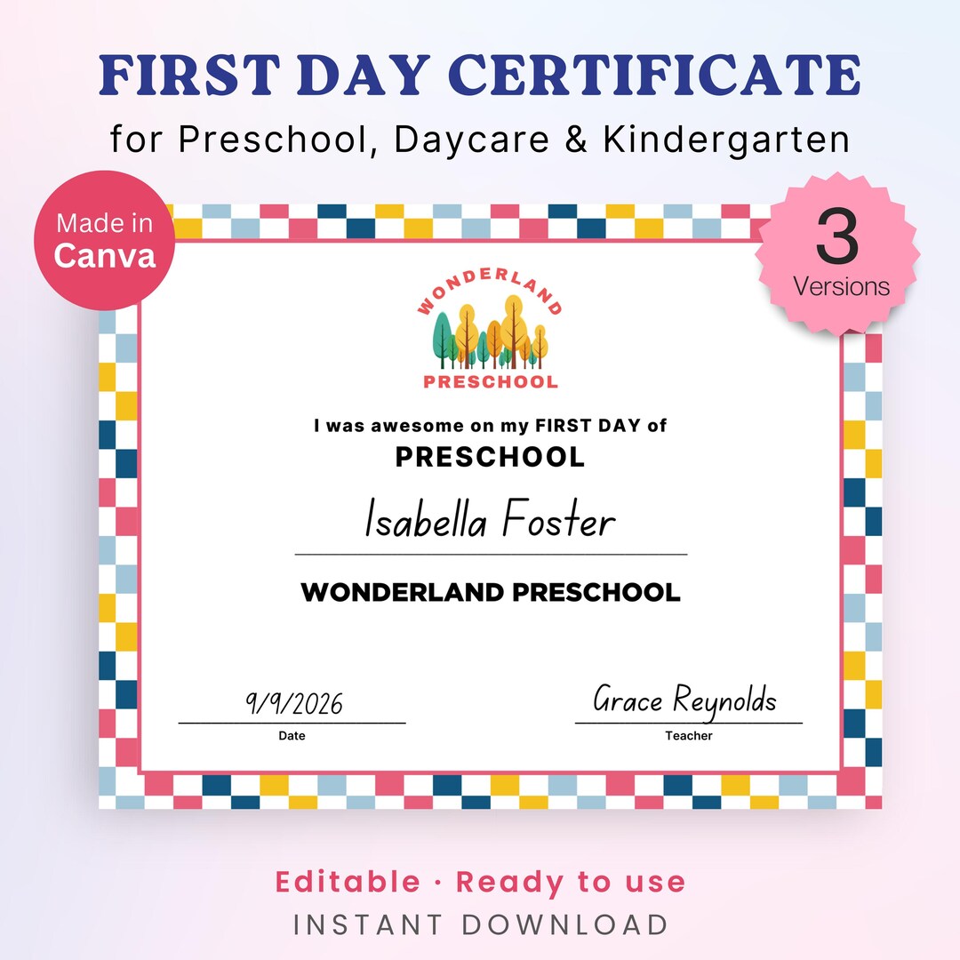 First Day Certificate Back to School Sign for Daycare Printable ...