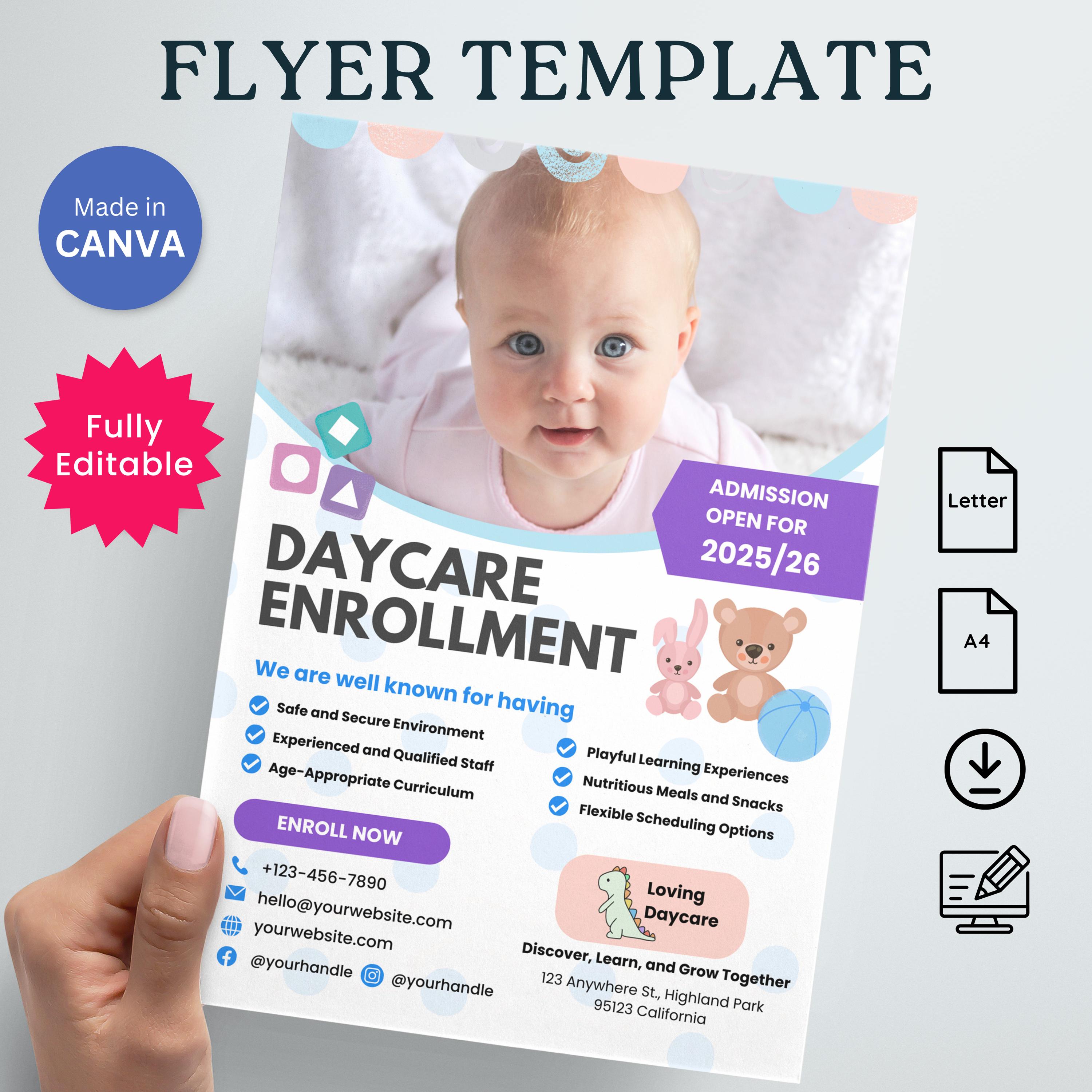 Daycare Flyer Template Childcare Canva Template Editable Leaflet Child ...
